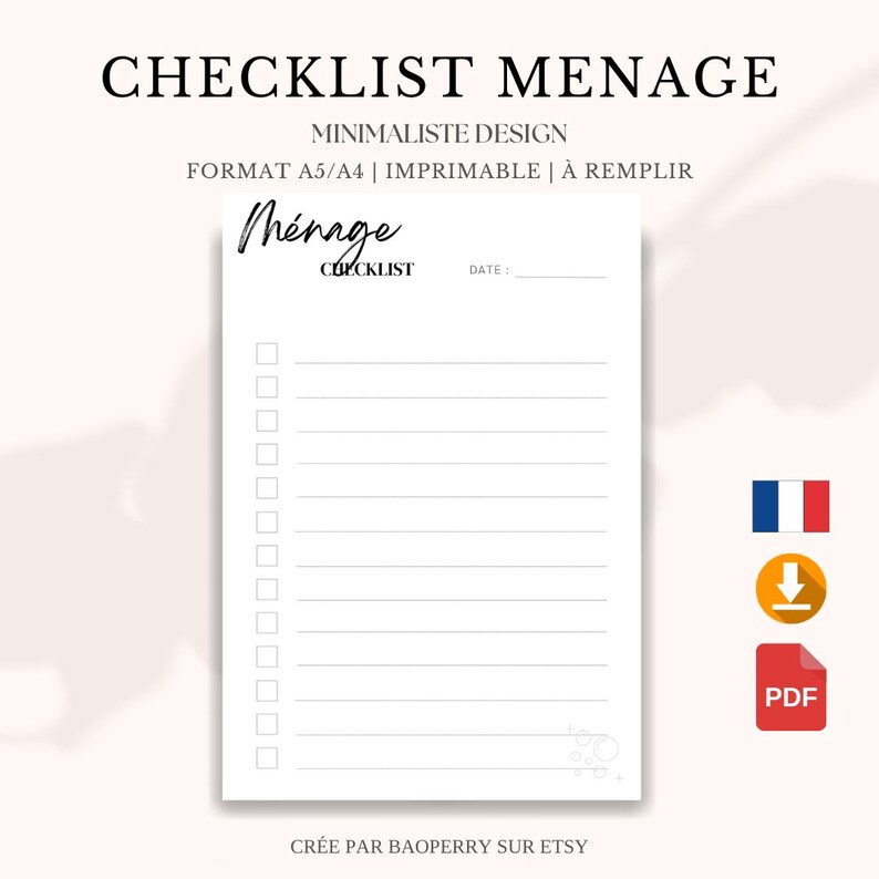 Checklist Ménage à Imprimer | Planner PDF Minimaliste | Organisation ...