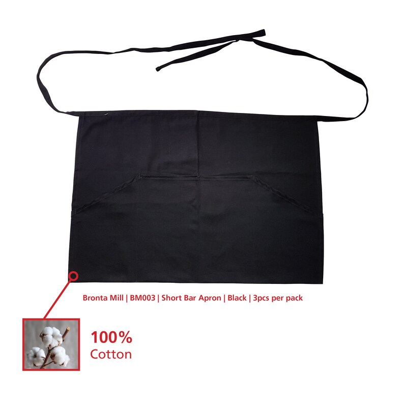 Short Bar Style Black Apron, Waist Apron, Half Apron 3 Pockets, Waiter ...