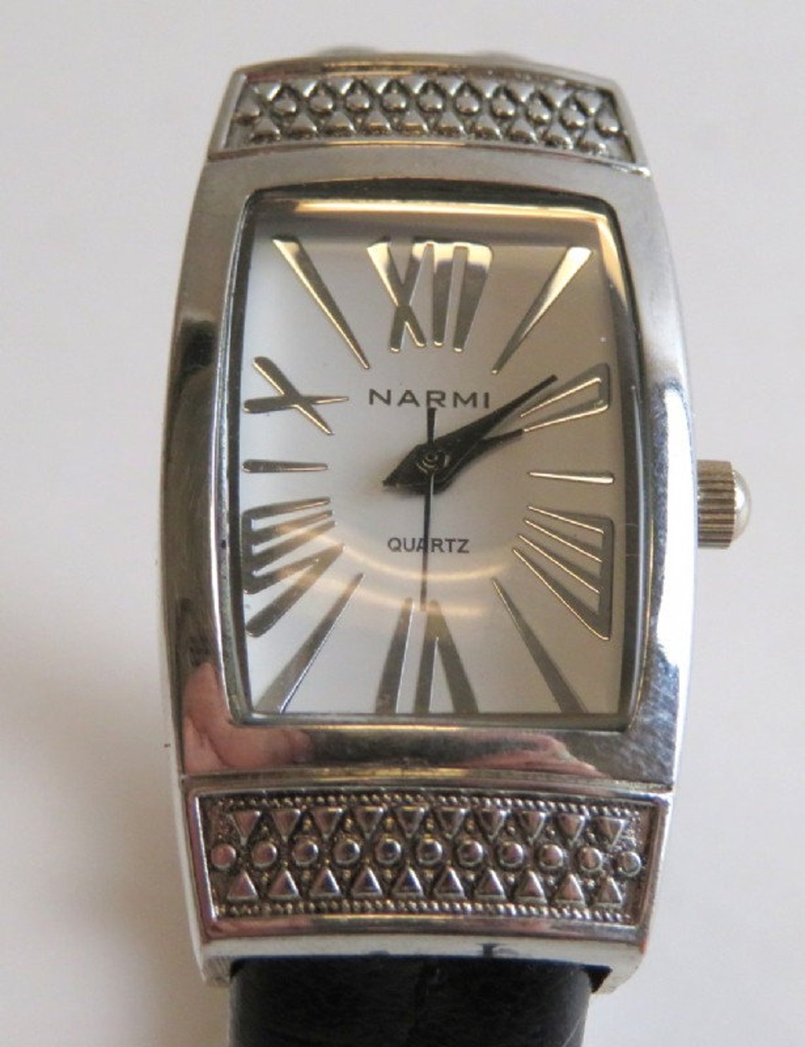 Narmi Vintage Ladies Black Leather Rhinestone Cuff Watch - Etsy