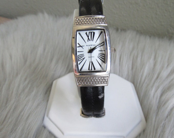 Narmi Vintage Ladies Black Leather Rhinestone Cuff Watch, Ladies Quartz ...