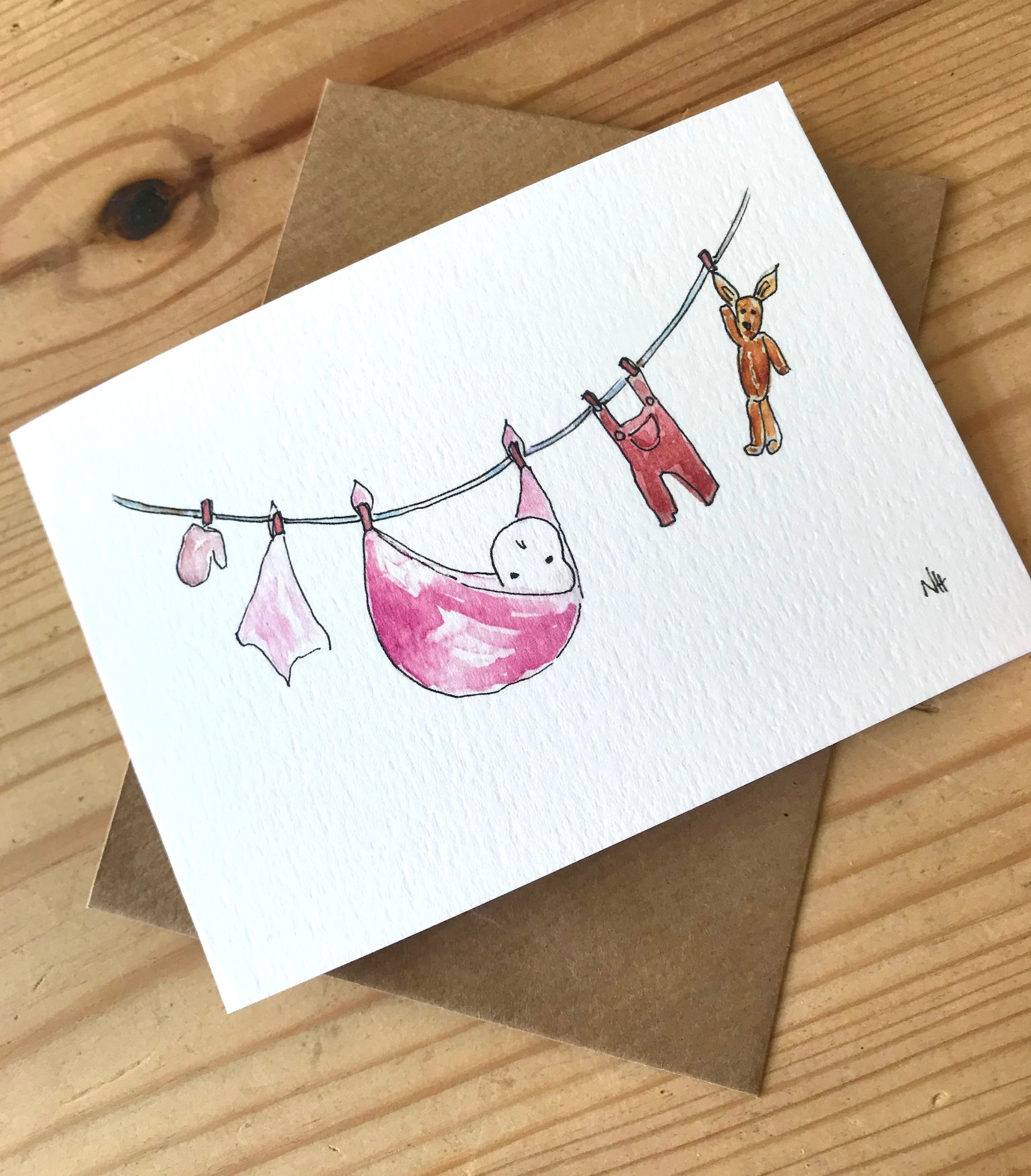 Baby Pink Washing Line Hand Painted Greetings Card - Etsy