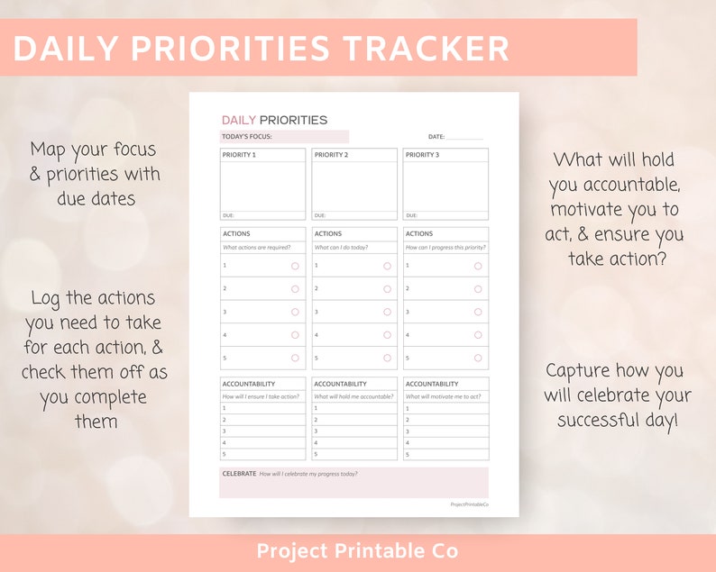 Daily Priorities Tracker Daily Planner Priority Tracker | Etsy