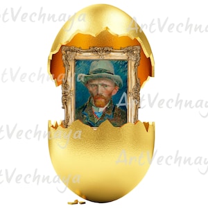 Vintage Cracked Golden Easter Egg Blowing Van Gogh Clipart PNG, Digital ...