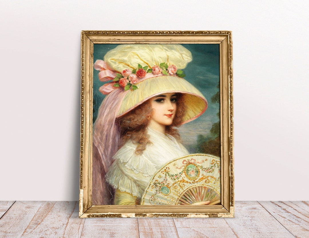 Vintage Portrait of Lady With Rose Hat and Fan, Italian Rococo Vintage ...
