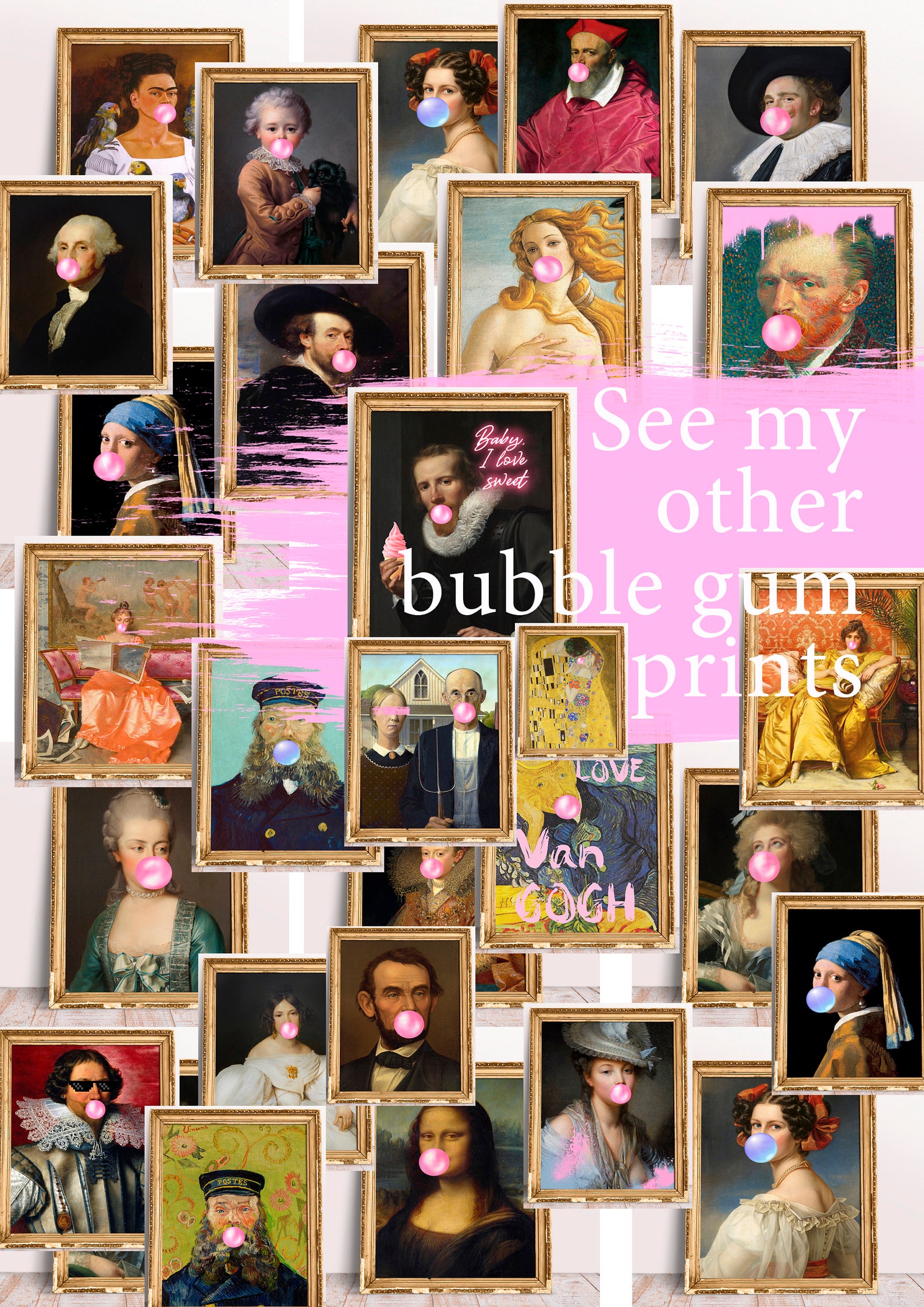 Pink Bubble Gum Poster Blowing Alter Art Portrait Madame - Etsy