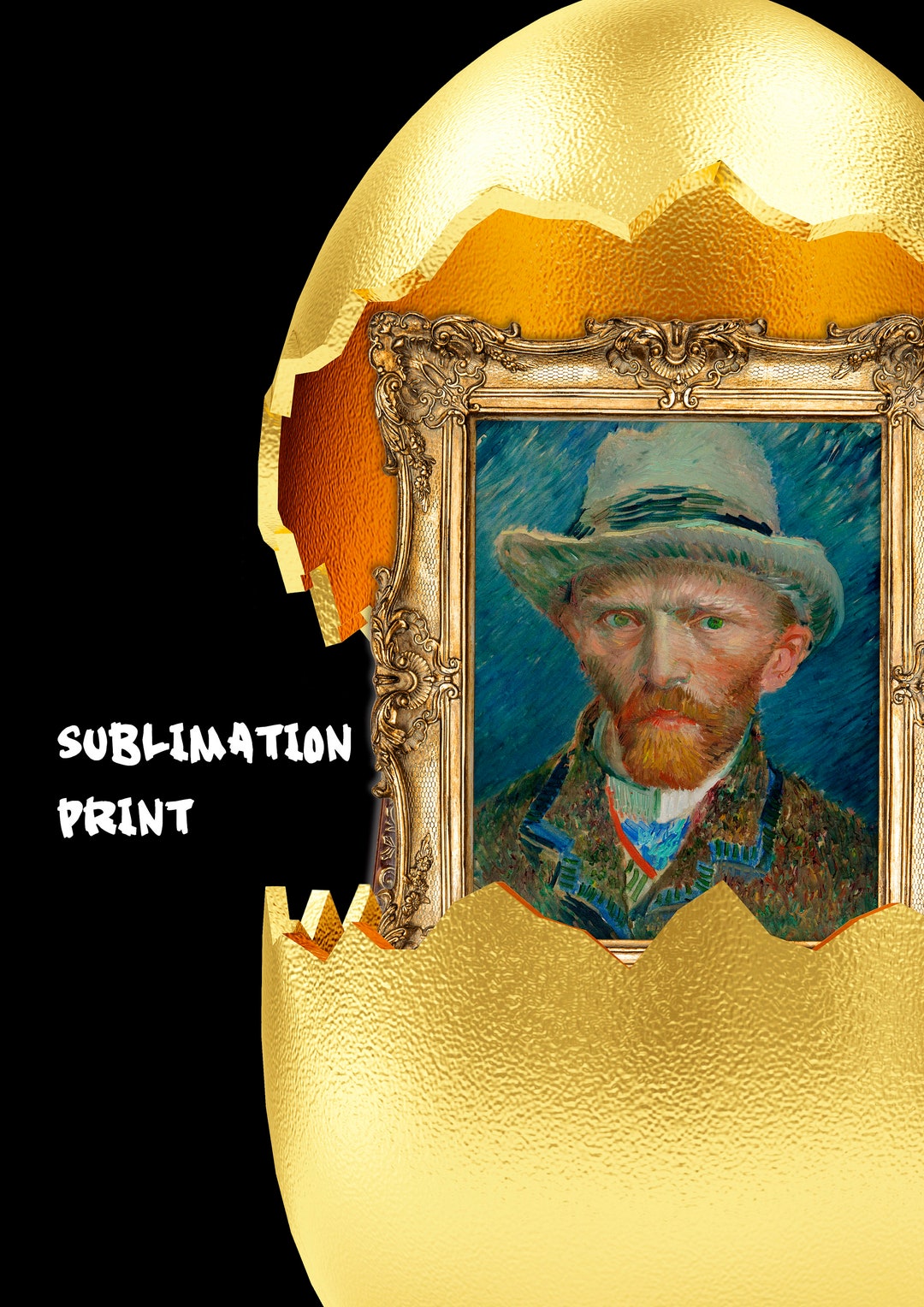 Vintage Cracked Golden Easter Egg Blowing Van Gogh Clipart PNG, Digital ...