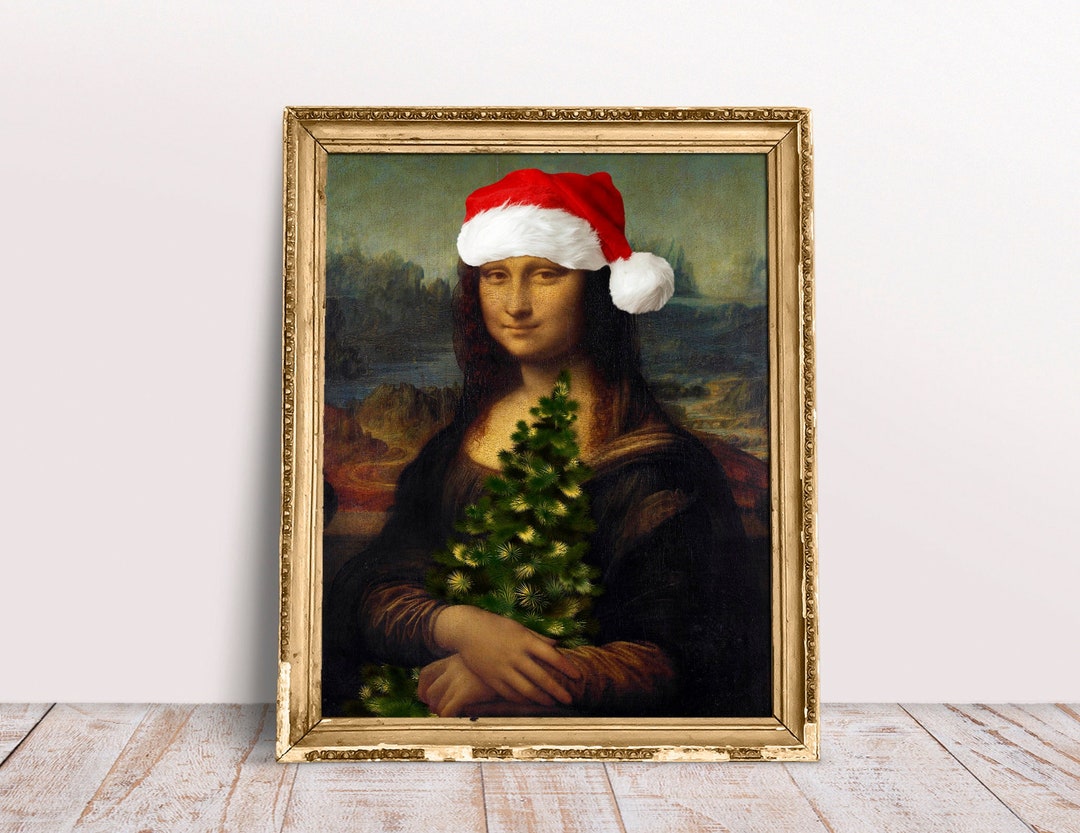 Mona Lisa in Santa Hat With Christmas Tree Print, Funny Altered Art ...