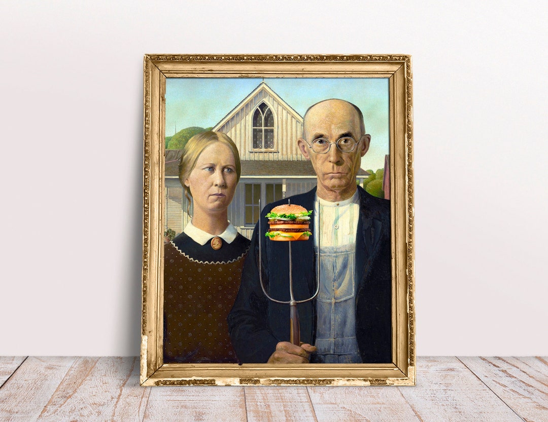 Funny American Gothic With Burger Poster, Altered Art, Vintage Portrait ...