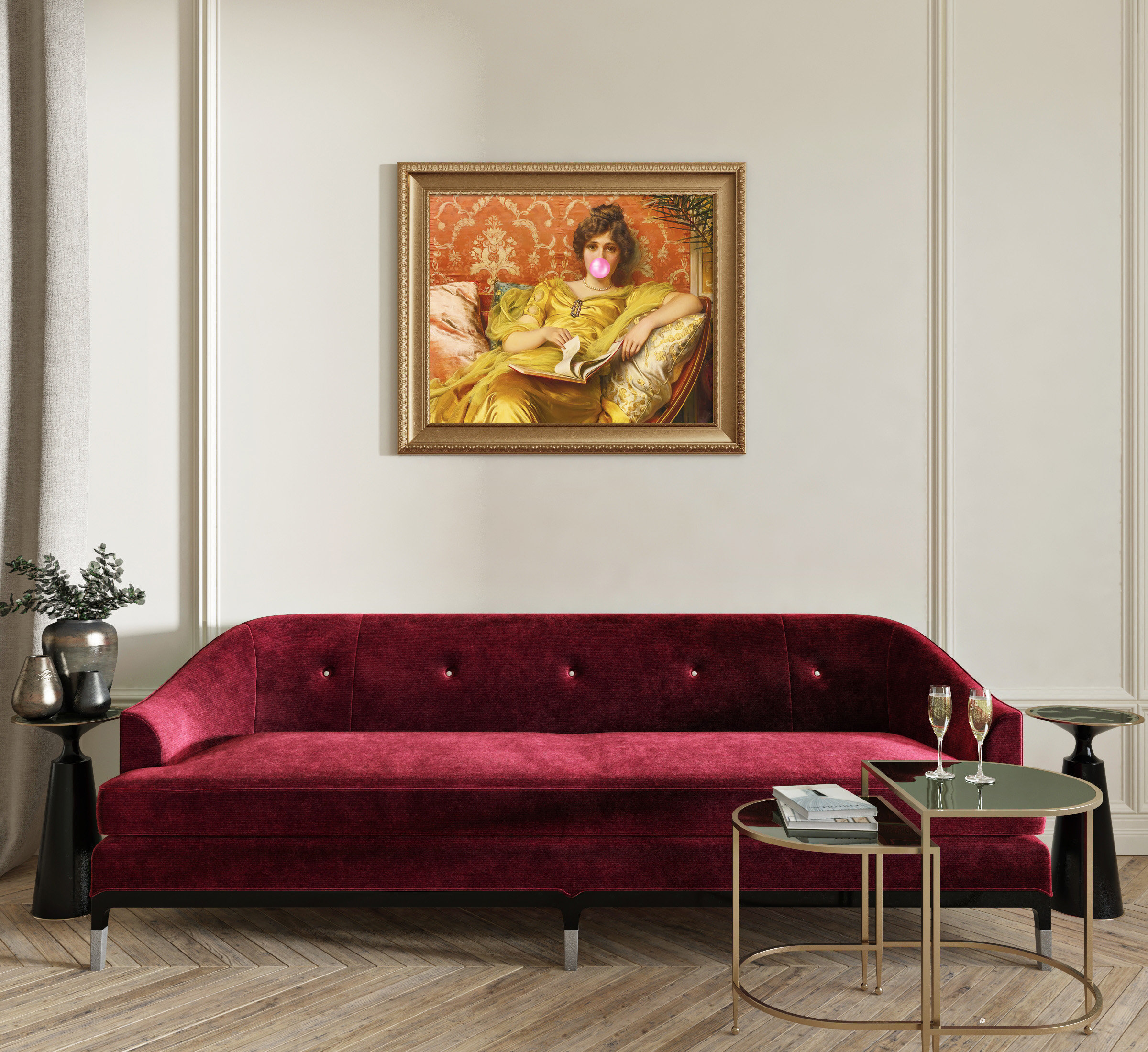 Reading Lady in Yellow Dress With Pink Bubble Gum Horizontal Print ...