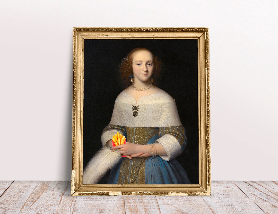 Vintage Portrait Young Lady With French Fries Print, Funny Altered Art ...