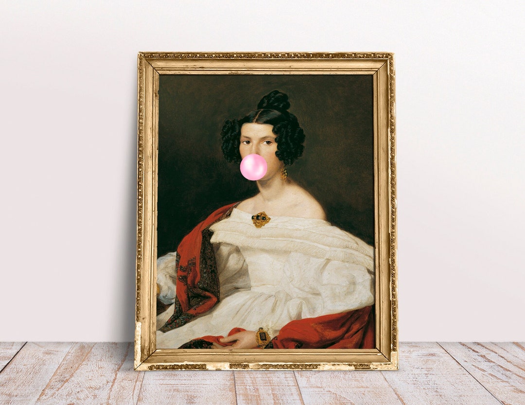 Austrian Lady Blowing Pink Bubble Gum Print Funny Altered Art Portrait