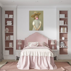 Child in Straw Hat With Pink Bubble Gum, Pastel Nursery Pints, Baby ...