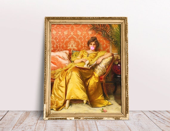 Reading Lady in Yellow Dress With Pink Bubble Gum Funny - Etsy