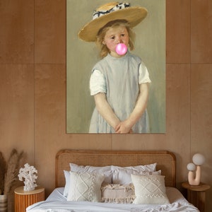 Child in Straw Hat With Pink Bubble Gum, Pastel Nursery Pints, Baby ...