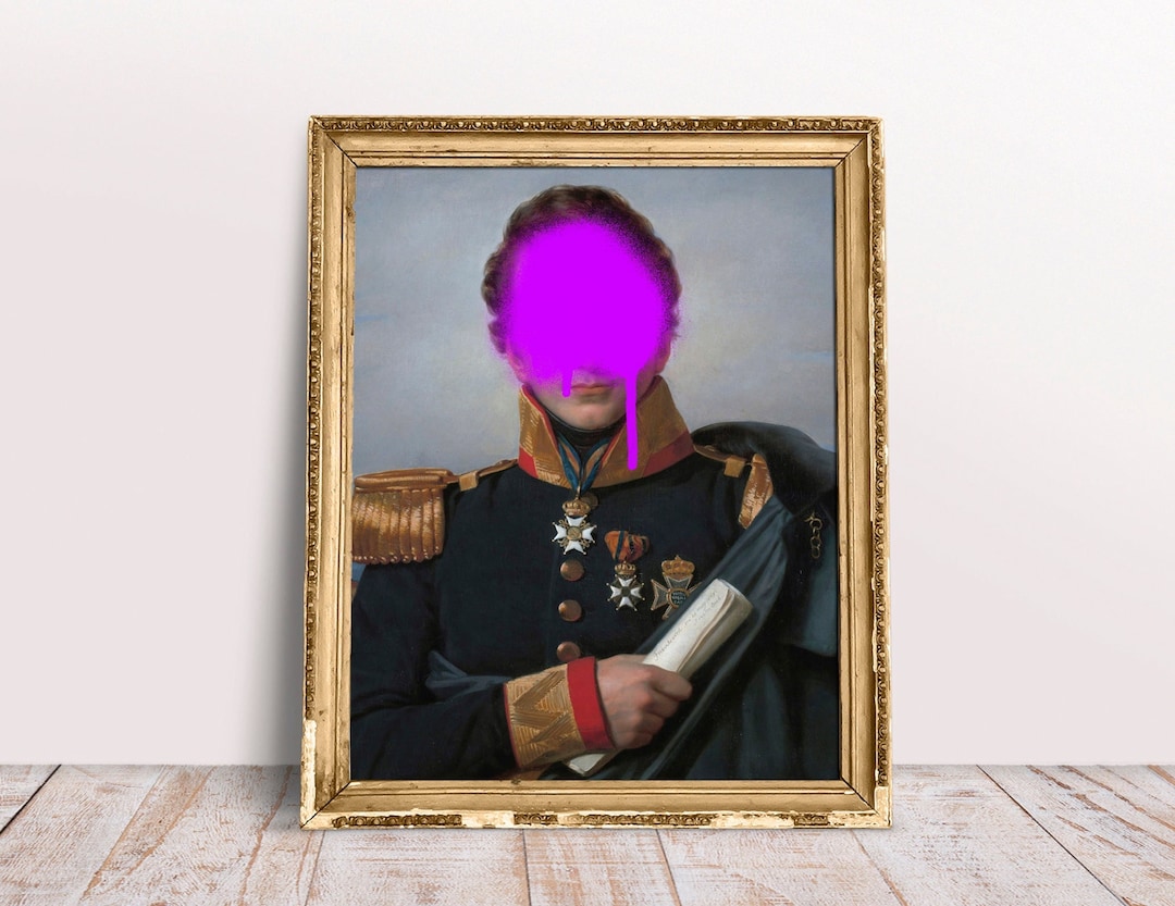 Quirky Destroyed Poster, Portrait of Man With Neon Purple Defaced ...