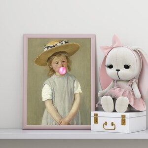 Child in Straw Hat With Pink Bubble Gum, Pastel Nursery Pints, Baby ...