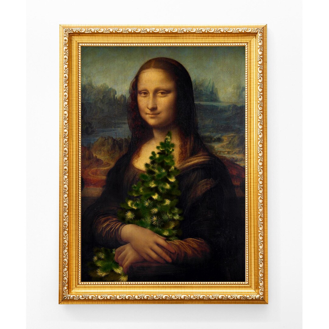 Mona Lisa With Christmas Tree Altered Art Print, Minimal Vintage ...