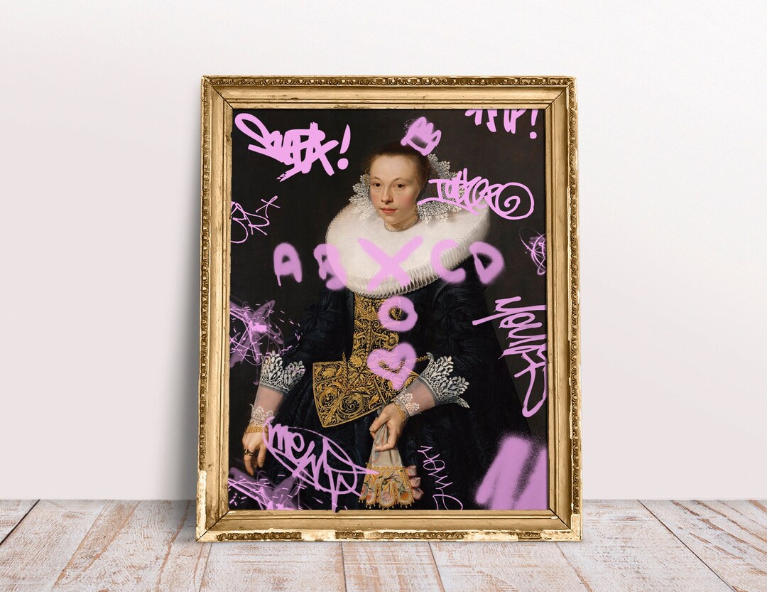 Purple Graffiti Defaced Vintage Portrait Young Woman, Alter Art Print ...
