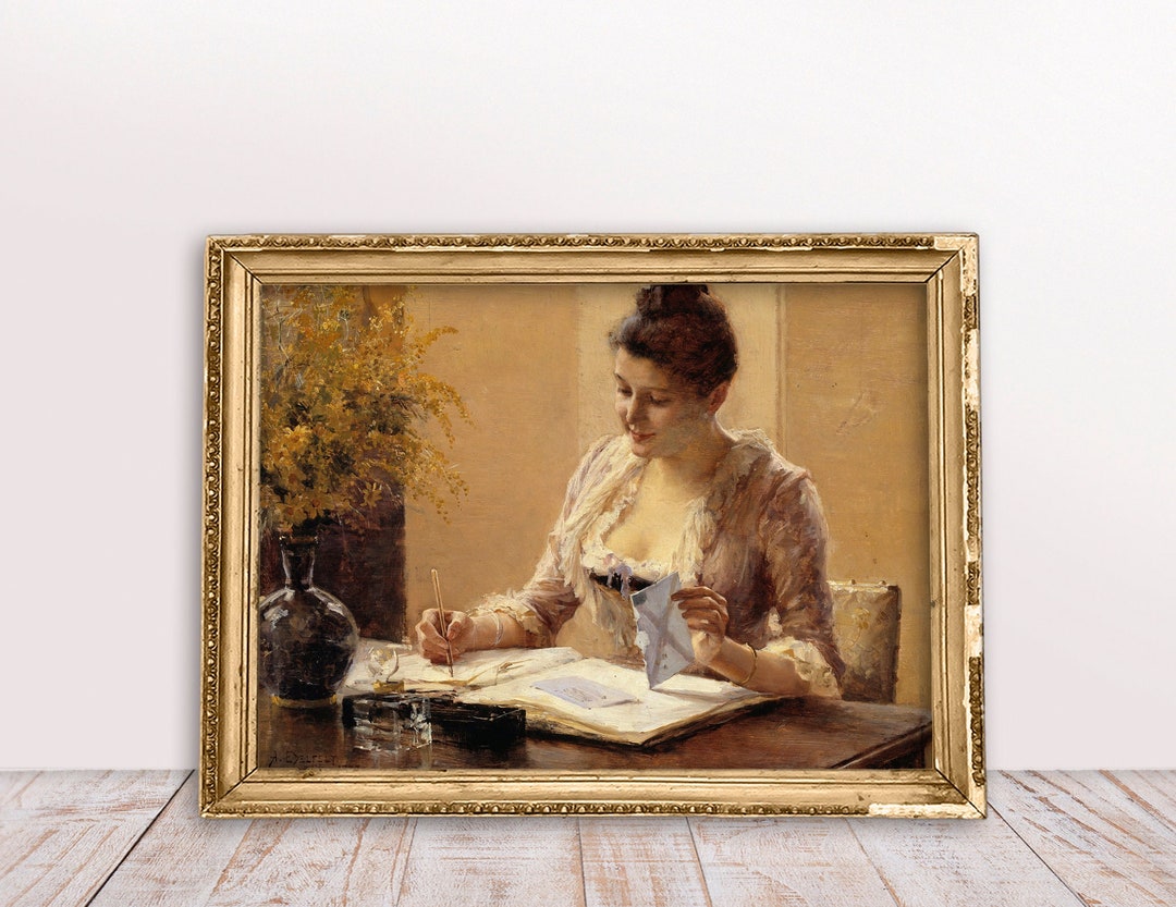 Lady Writing a Letter, Fine Vintage Art Portrait, Pastel Print, Digital ...
