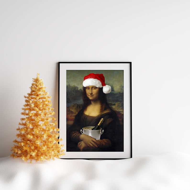 Mona Lisa With Champagne in Santa Hat – Classic Christmas Altered Art ...