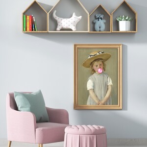Child in Straw Hat With Pink Bubble Gum, Pastel Nursery Pints, Baby ...
