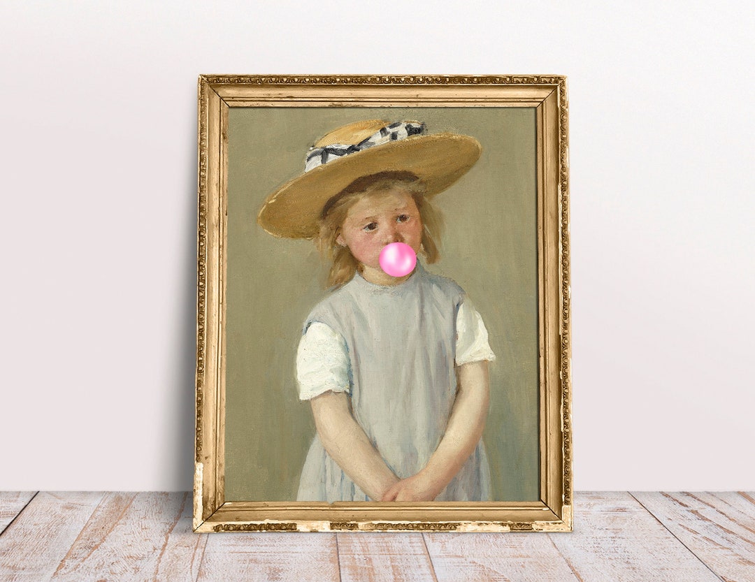 Child in Straw Hat With Pink Bubble Gum, Pastel Nursery Pints, Baby ...