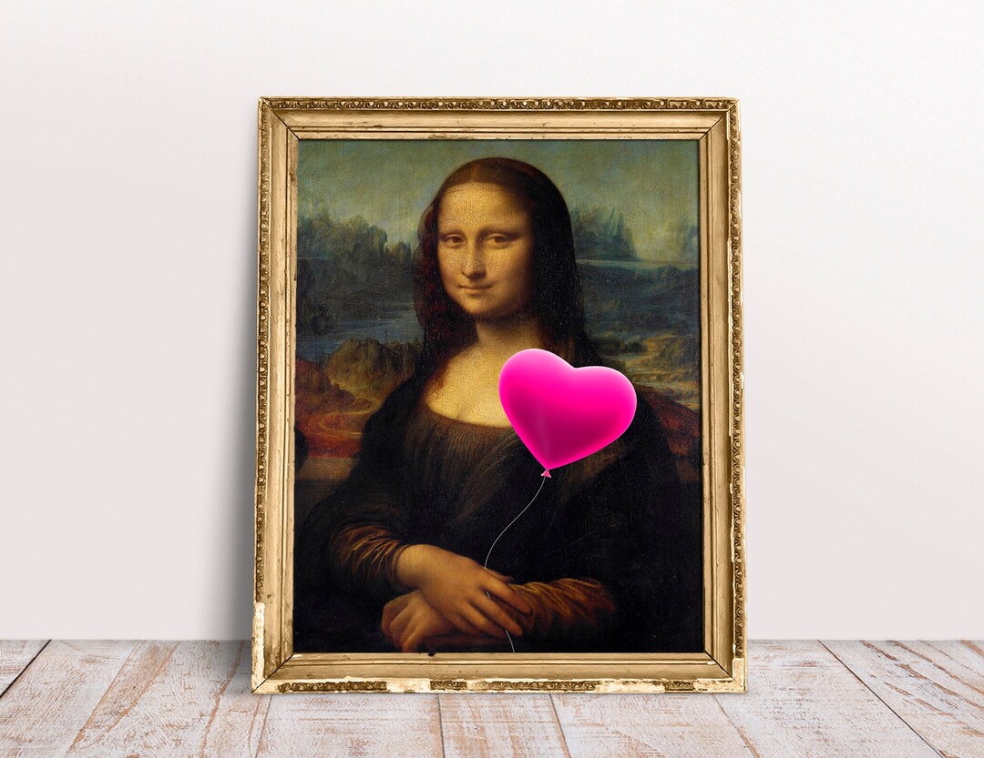 Altered Art, Mona Lisa With Pink Balloon Print, Funny Vintage Painting ...