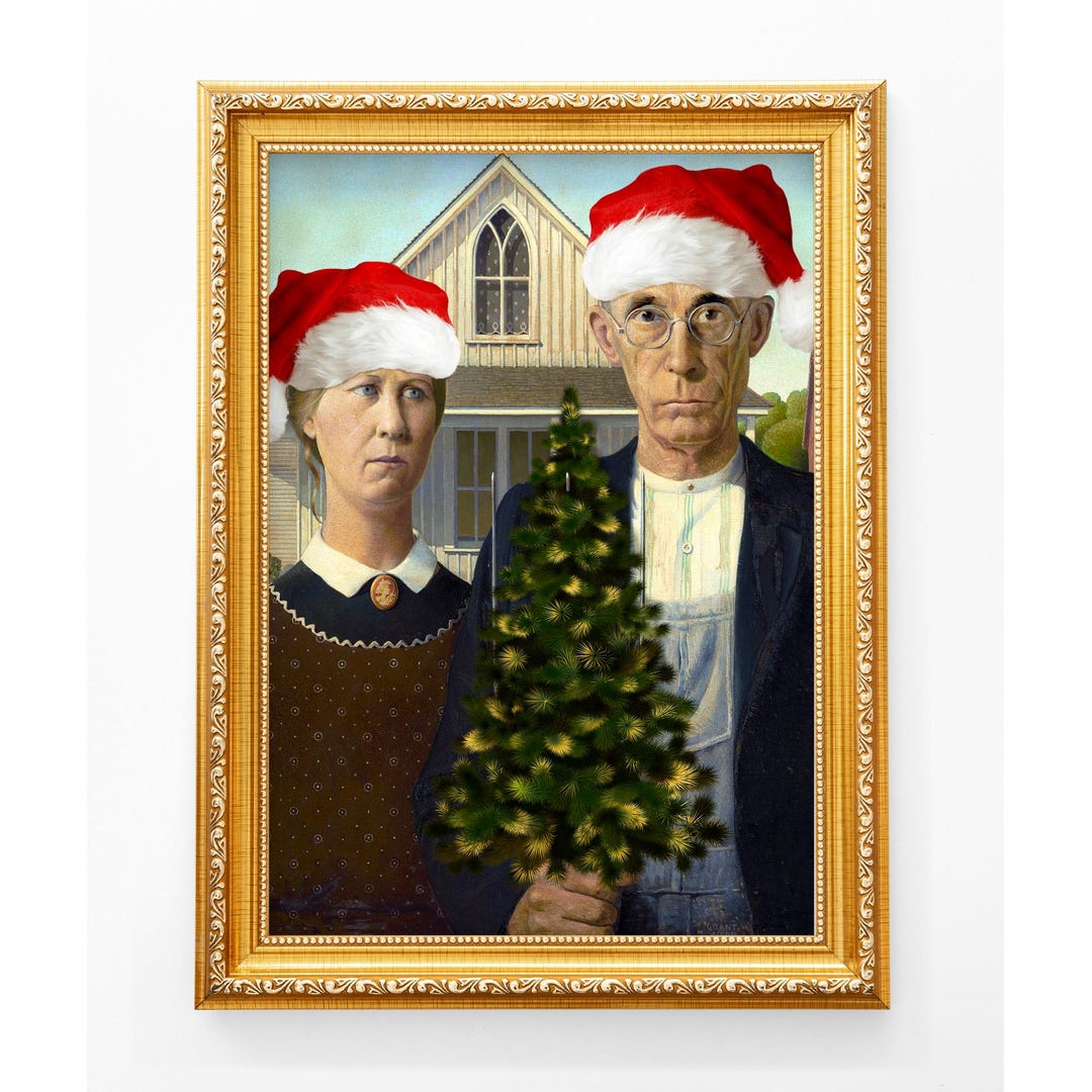 Christmas Altered Art Print, American Gothic in Santa Hats Holding Tree ...