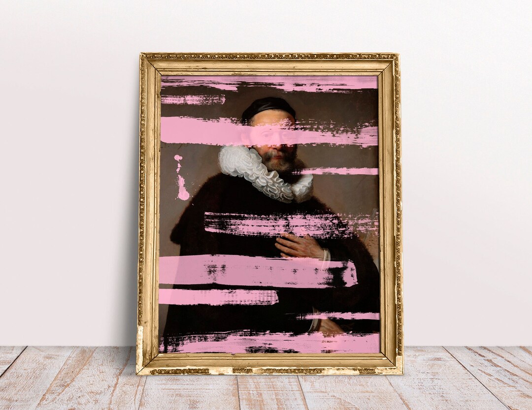 Pink Defaced Vintage Portrait of Gentleman Print, Funny Altered Art ...