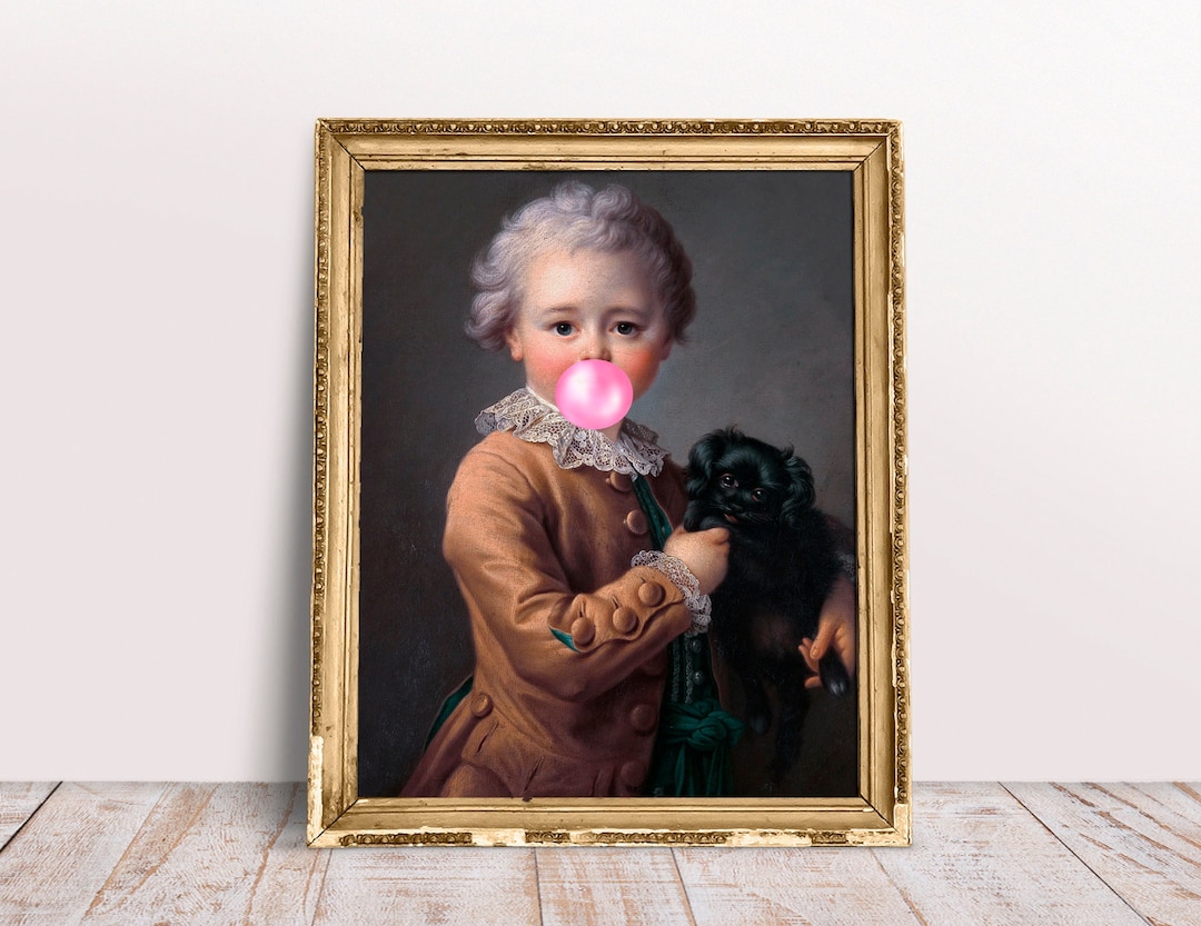 Kleiner Junge und Welpe blasen Bubble Gum, rosa Kinderzimmer Pints ...