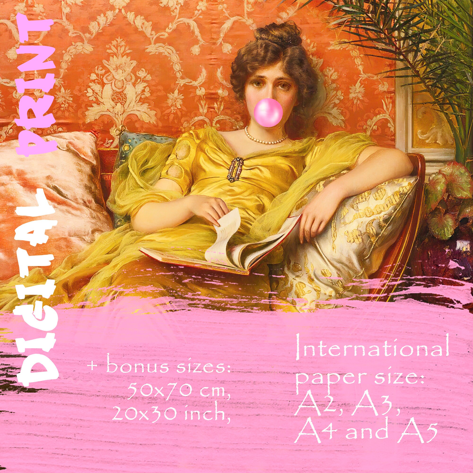 Reading Lady in Yellow Dress With Pink Bubble Gum Horizontal Print ...