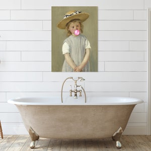 Child in Straw Hat With Pink Bubble Gum, Pastel Nursery Pints, Baby ...