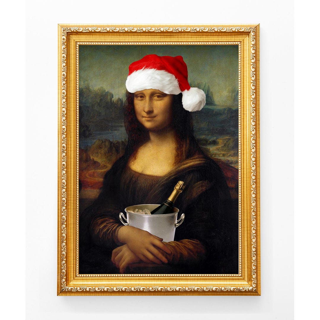 Mona Lisa With Champagne in Santa Hat – Classic Christmas Altered Art ...