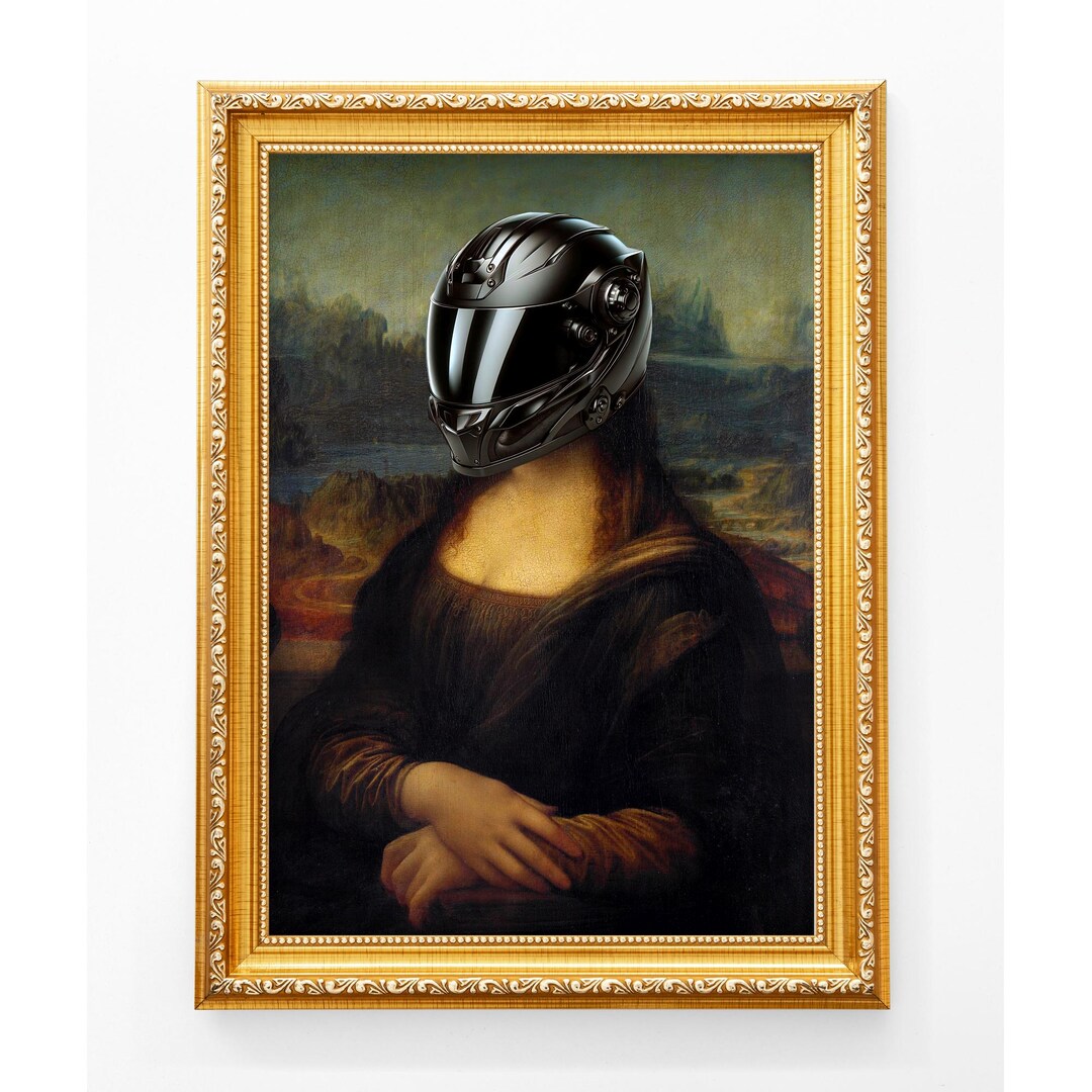 Mona Lisa in Motorcycle Helmet Wall Art, Rebel Altered Art Print, Biker ...