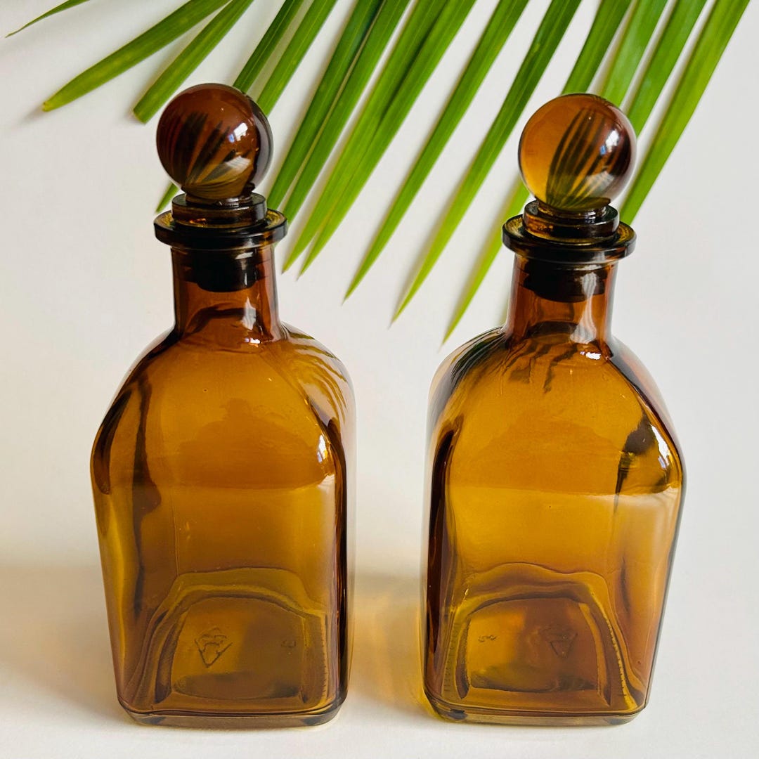 Square Amber Glass Bottles With Glass Ball Stopper, Set of 2 - Etsy