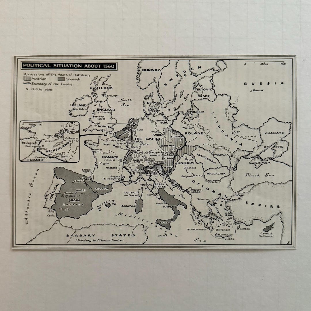 Vintage Map of Europe C. 1560 – Political Situation of Europe – 1955 ...