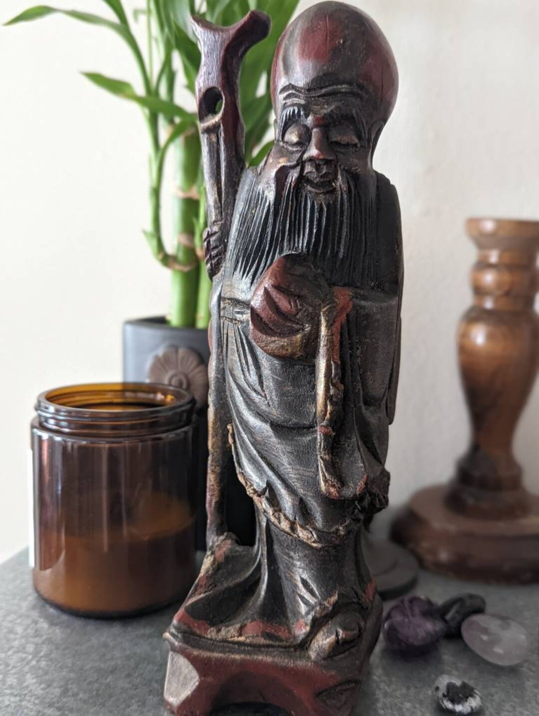 Hand Carved Wood Fu Lu Shou Statue Figurine / Good Luck Prosperity ...