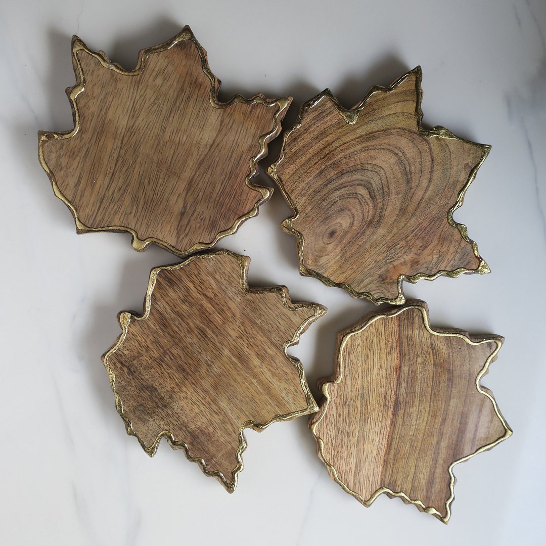 Leaf Shaped Wooden Coasters With Gold Accents / Set of 4 / Boho Home ...