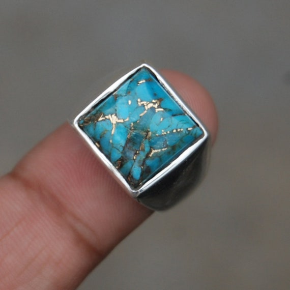 Square Cab Blue Copper Turquoise Gems 925 Sterling Silver Ring - Etsy