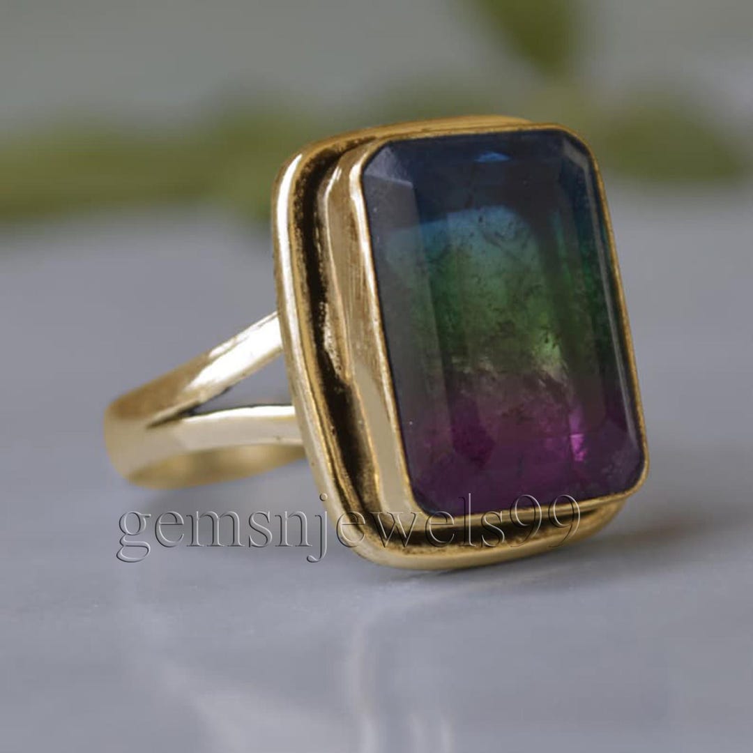 Mystic Fluorite Gemstone 925 Sterling Silver Ring, Cushion Cut Fluorite ...