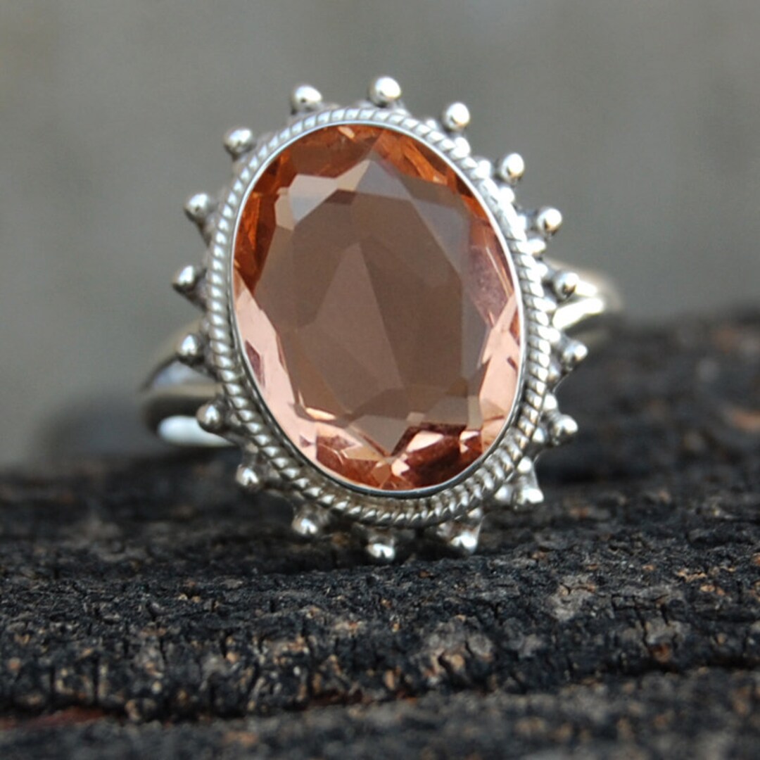Oval Faceted Peach Morganite Quartz Gemstone 925 Sterling Silver Ring ...