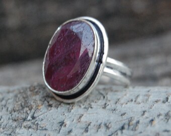 Natural Dark Red Raw Ruby Gemstone 925 Sterling Silver Ring / | Etsy