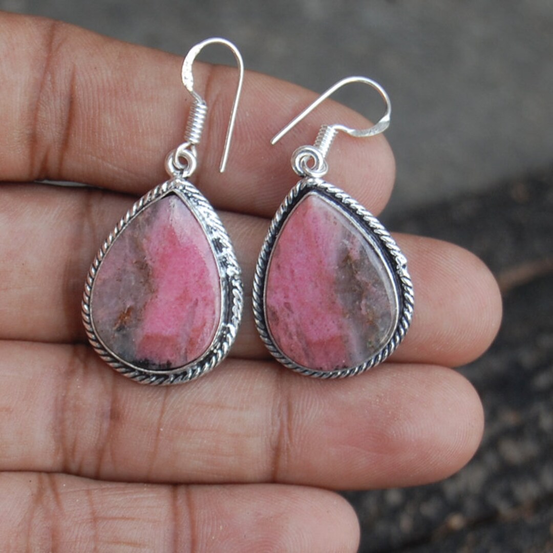 Pink Pear Cab Pink Rhodochrosite Gemstone 925 Sterling Silver Earrings ...