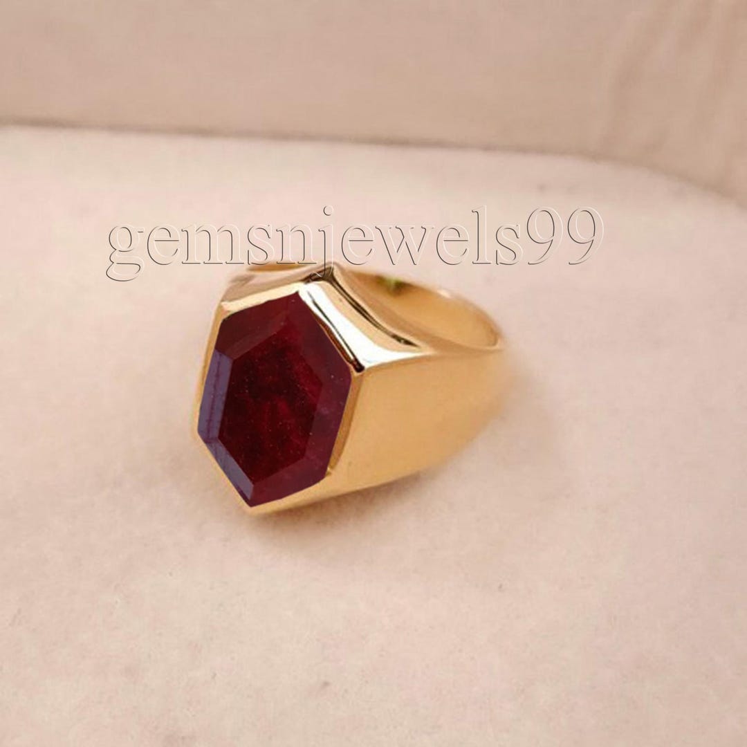 Hexagon Genuine Raw Red Ruby 925 Sterling Silver Ring / Yellow Gold ...