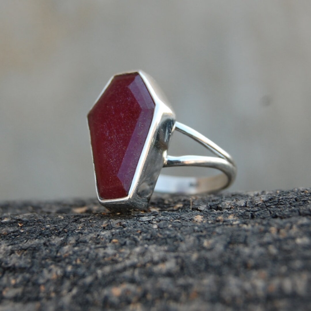 Coffin Shape Raw Red Ruby 925 Sterling Silver Ring / Yellow Gold Filled ...