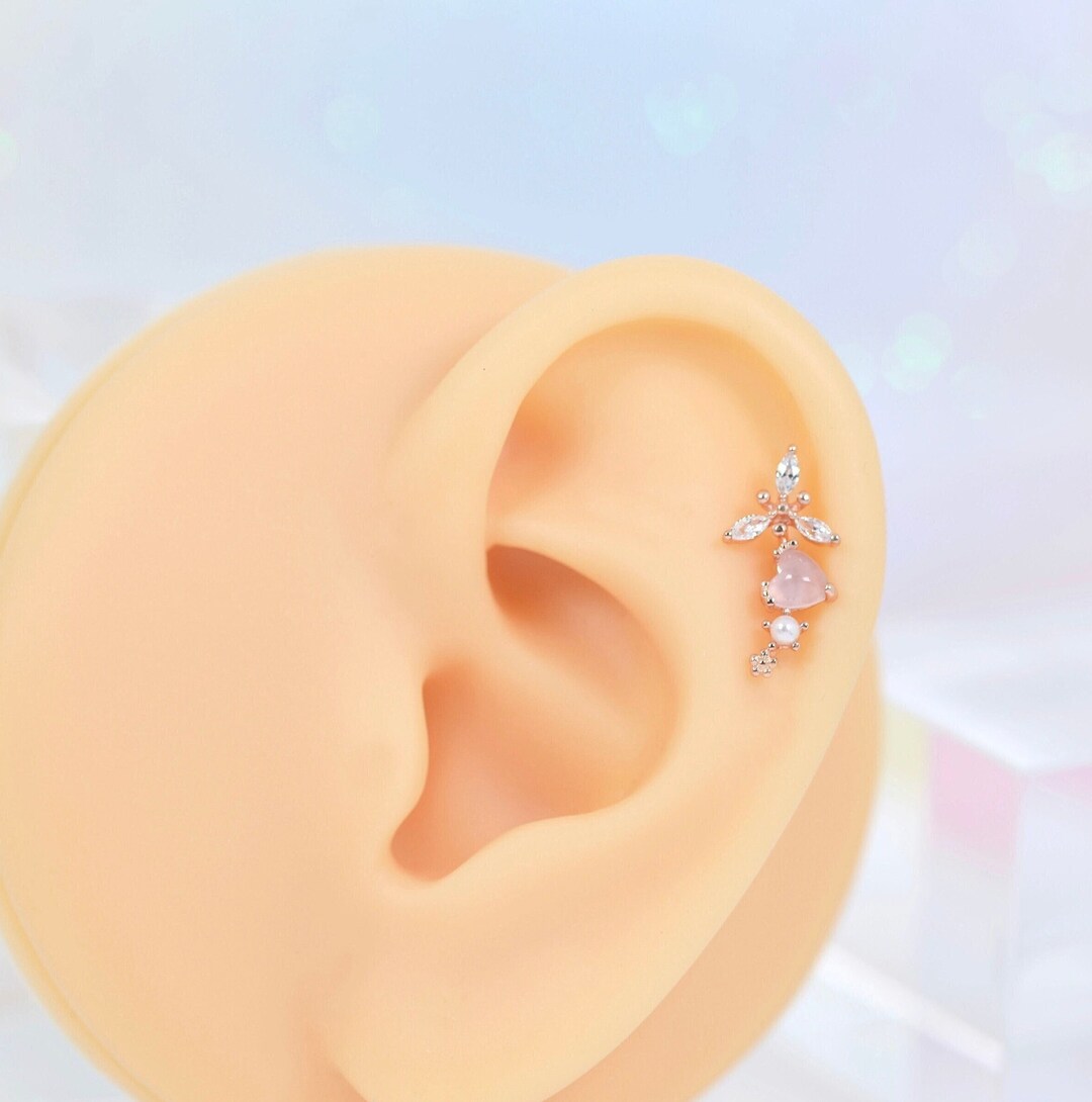 Pink Moonstone Heart Titanium Cartilage Piercing Earring 16G 20G Ear ...