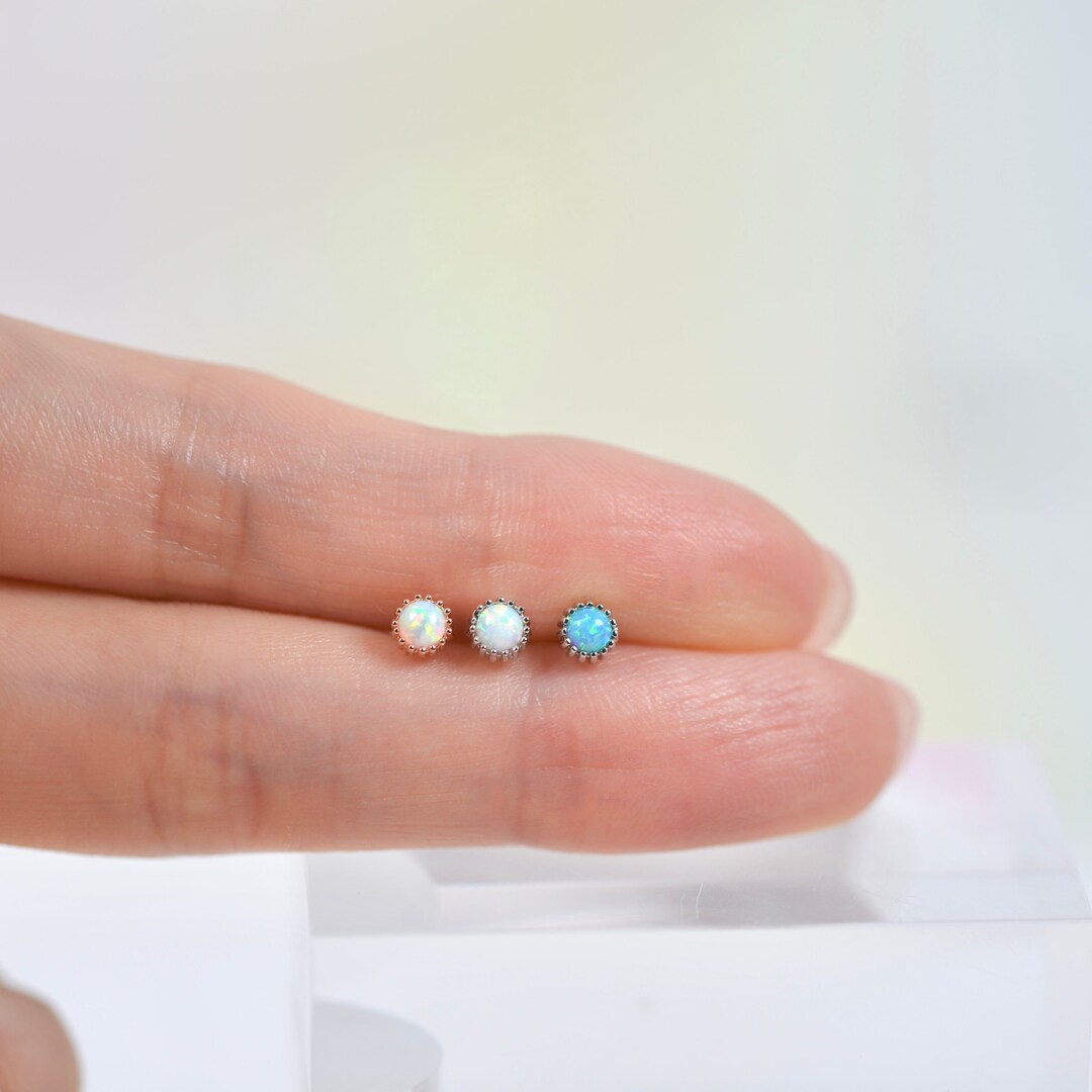 Small Opal Stud Cartilage Earring Helix Labret Earring Daith Tragus Flat Back Conch Earring ...