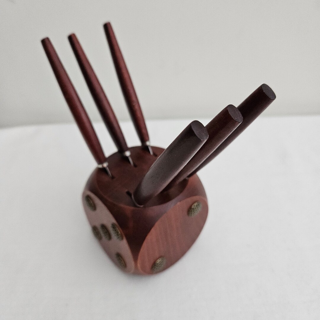 Retro Mid Century Teak Fruit Knife Set in Stand, Teak Cocktail Knife ...