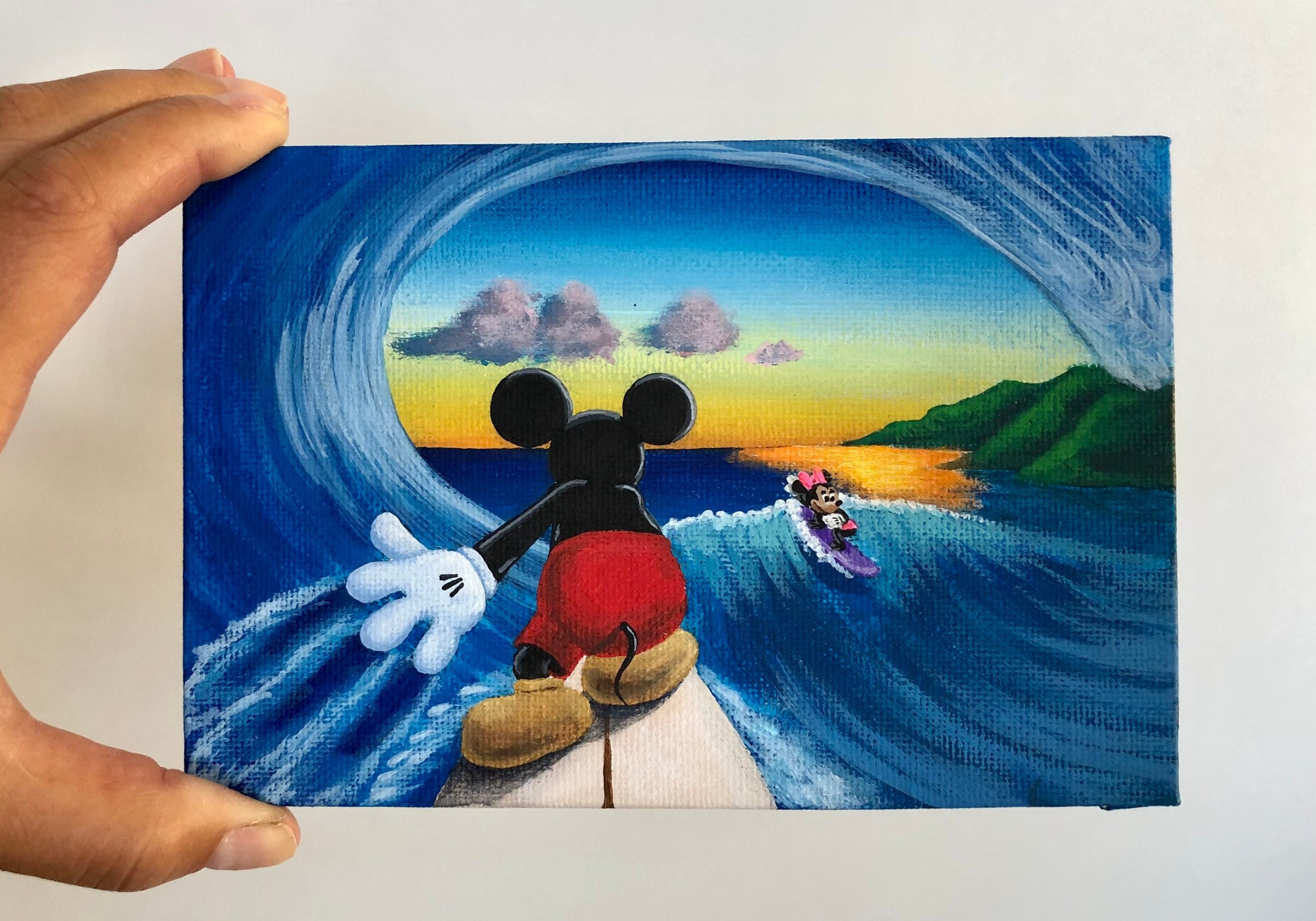Hand Painted Mickey and Minnie Mouse Surfing Hawaii Waves w/ - Etsy