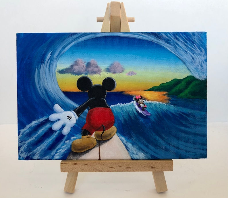 Hand Painted Mickey and Minnie Mouse Surfing Hawaii Waves w/ - Etsy